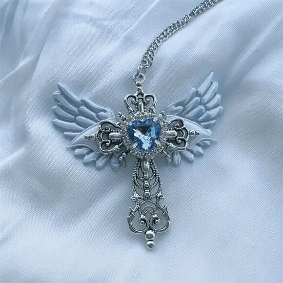 Jewelry | Y2k Angel Wings Cross Topaz Heart Pendant Necklace | Poshmark